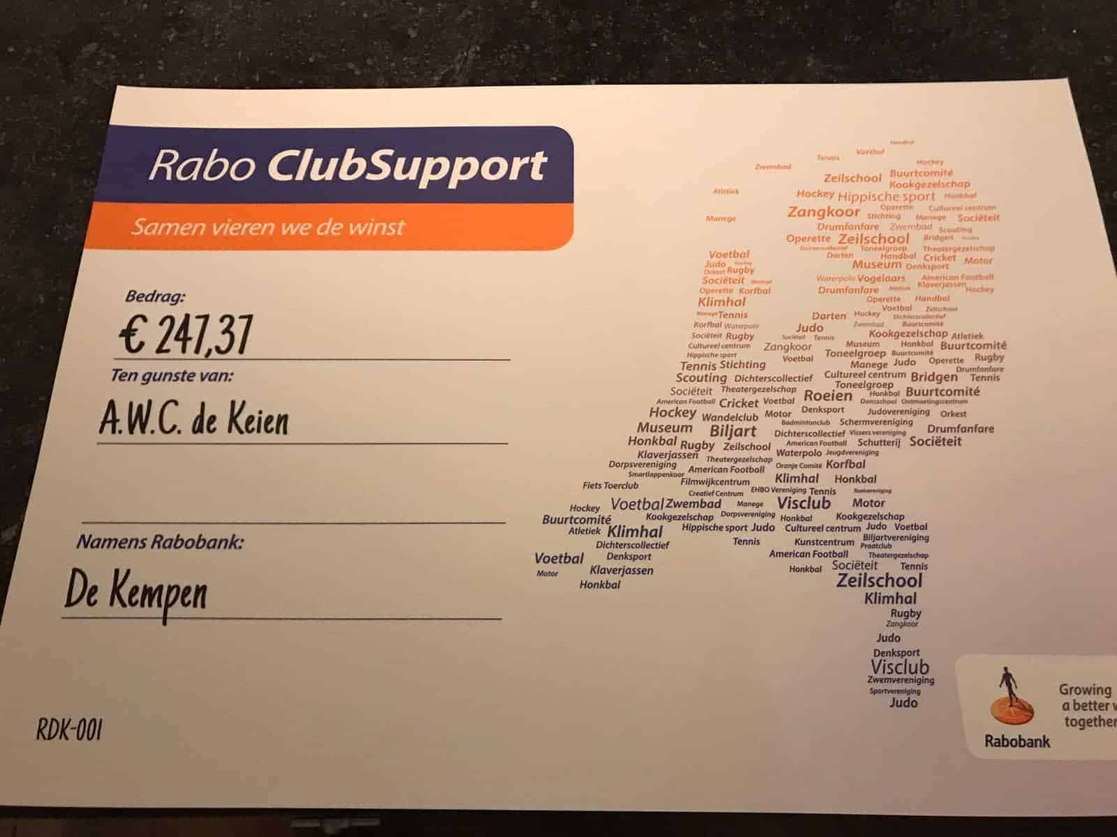 Rabobank Clubkas Campagne cheque ontvangen! – AWC de Keien